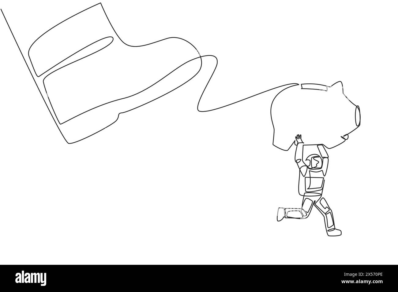 Single continuous line drawing astronaut carrying piggy bank run away ...