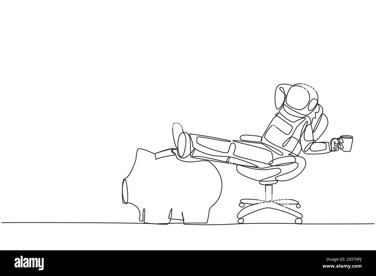 Single continuous line drawing astronaut sitting in work chair holding ...