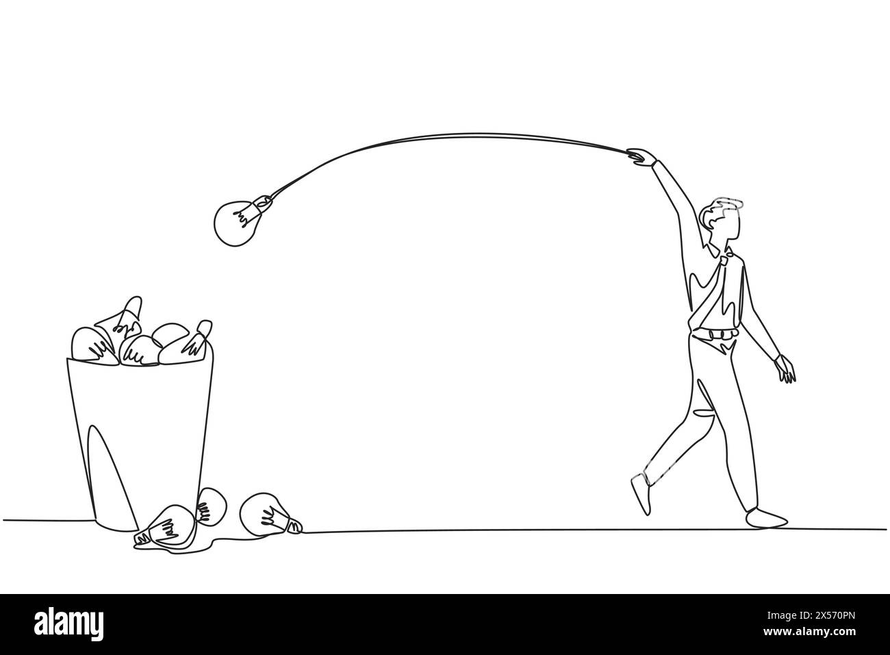 Single continuous line drawing businessman walking throwing light bulbs ...