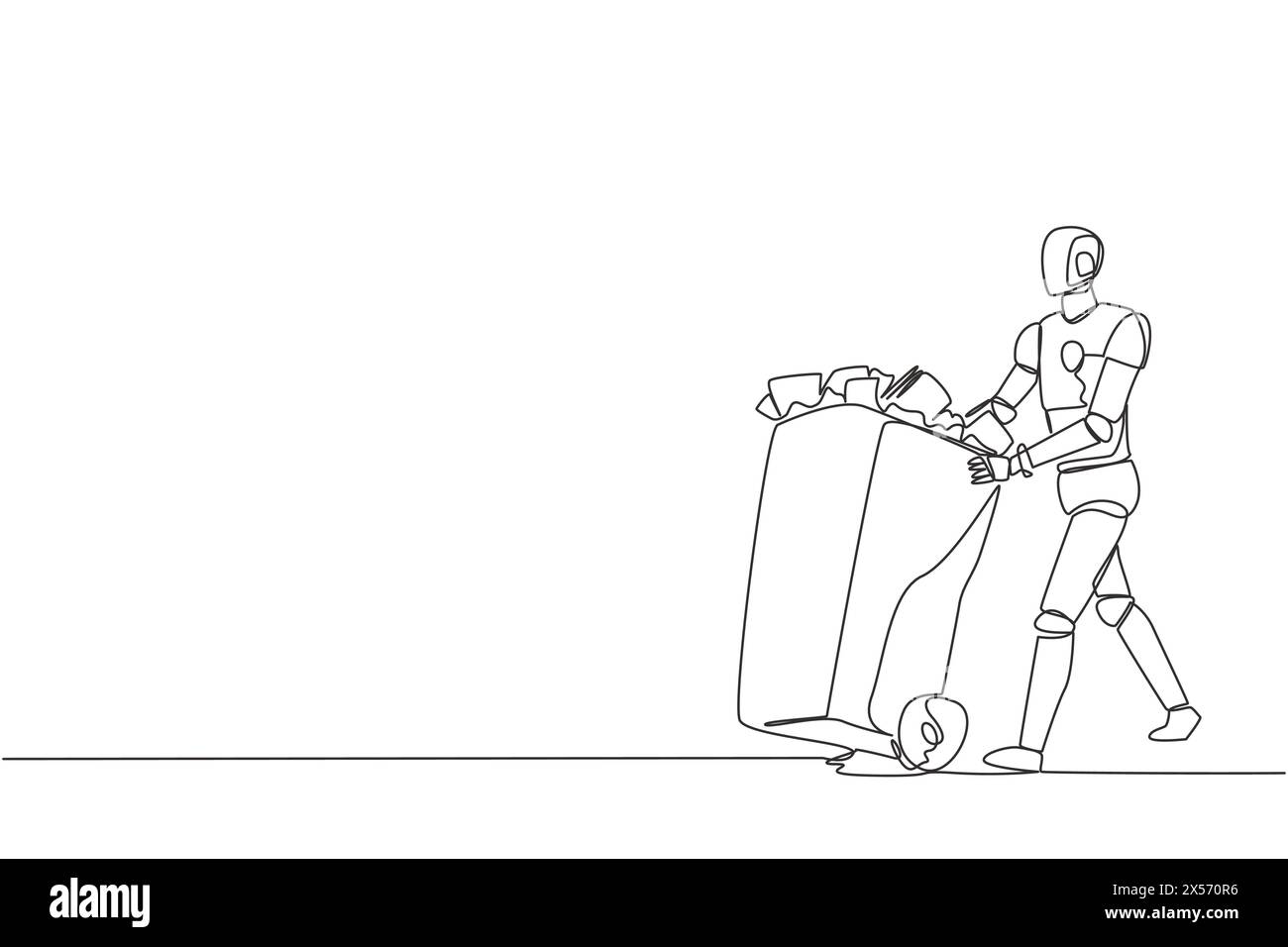 Single one line drawing robot pushing a trash can filled with wads of ...