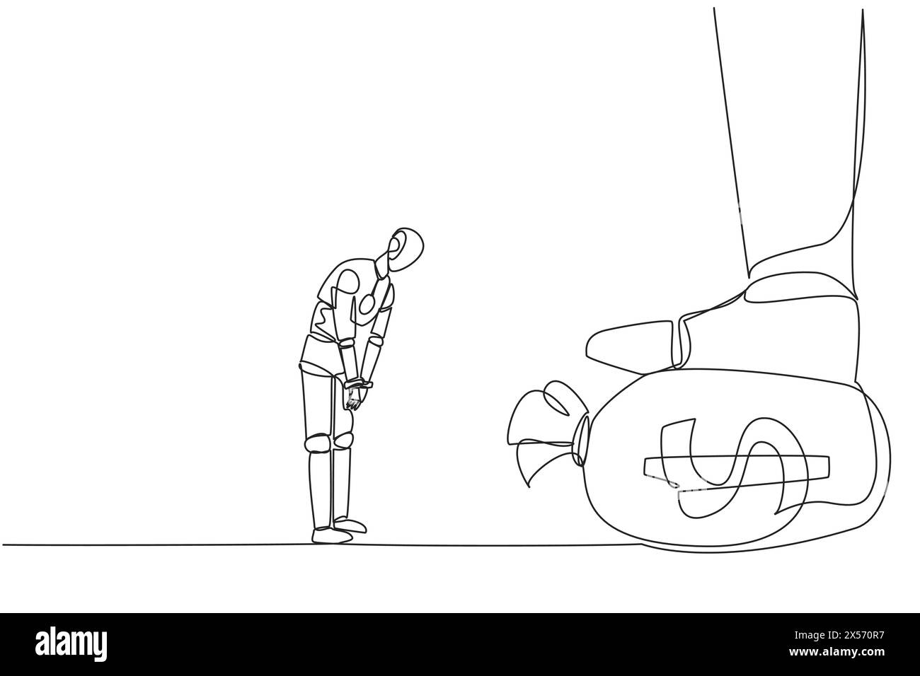 Continuous one line drawing smart robot nodded in front of the giant ...