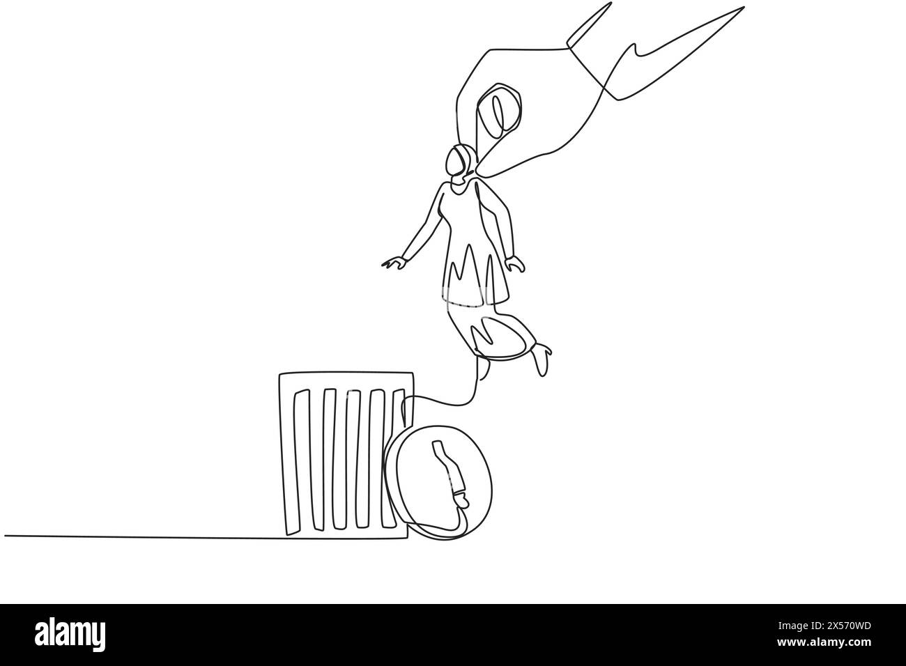 Single one line drawing Arabian businesswoman is lifted by giant hand ...