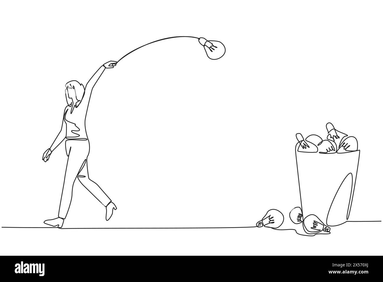 Single one line drawing businesswoman walking throwing lightbulb into ...