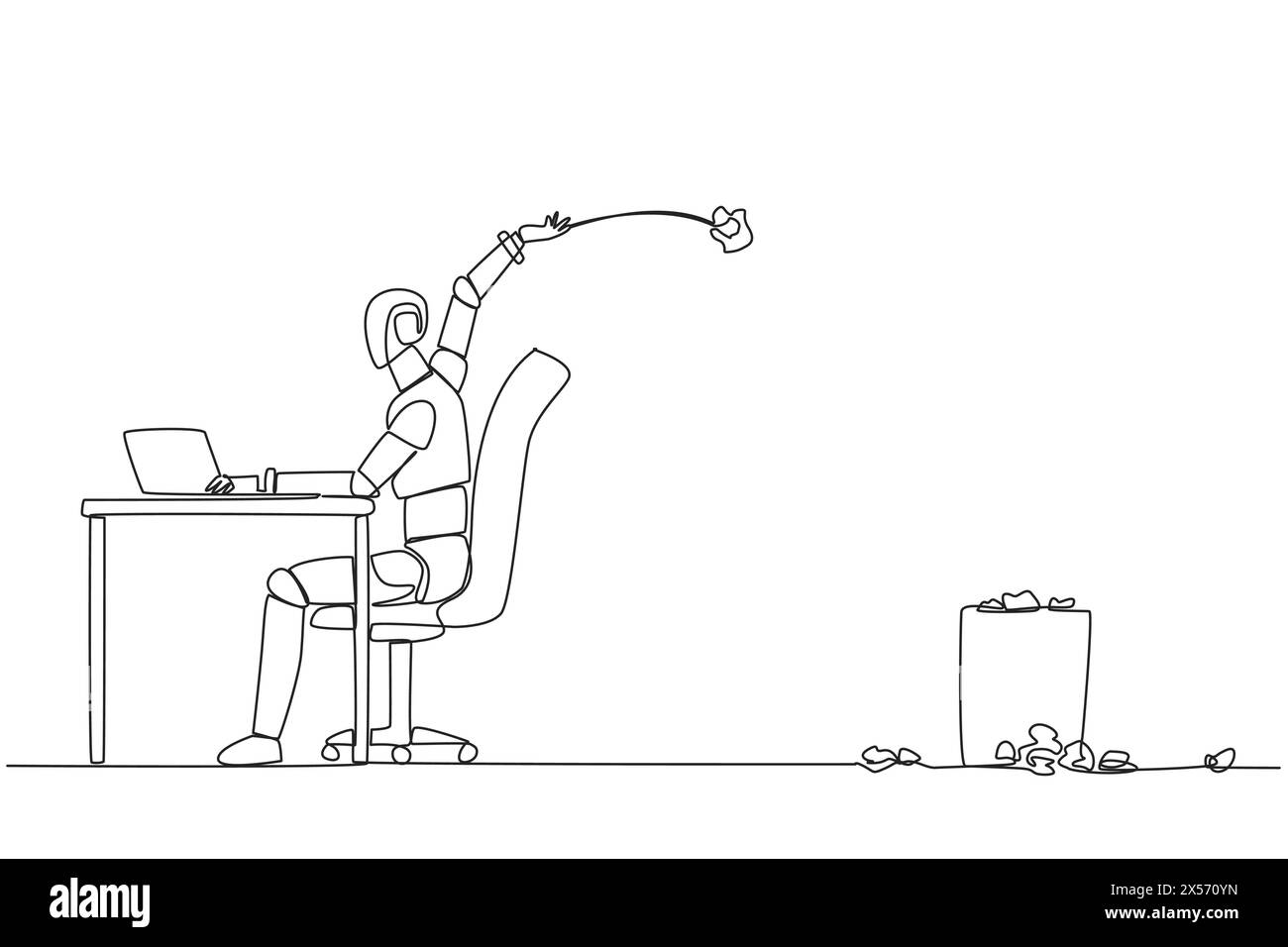 Single continuous line drawing robot typing at work desk throwing wads ...