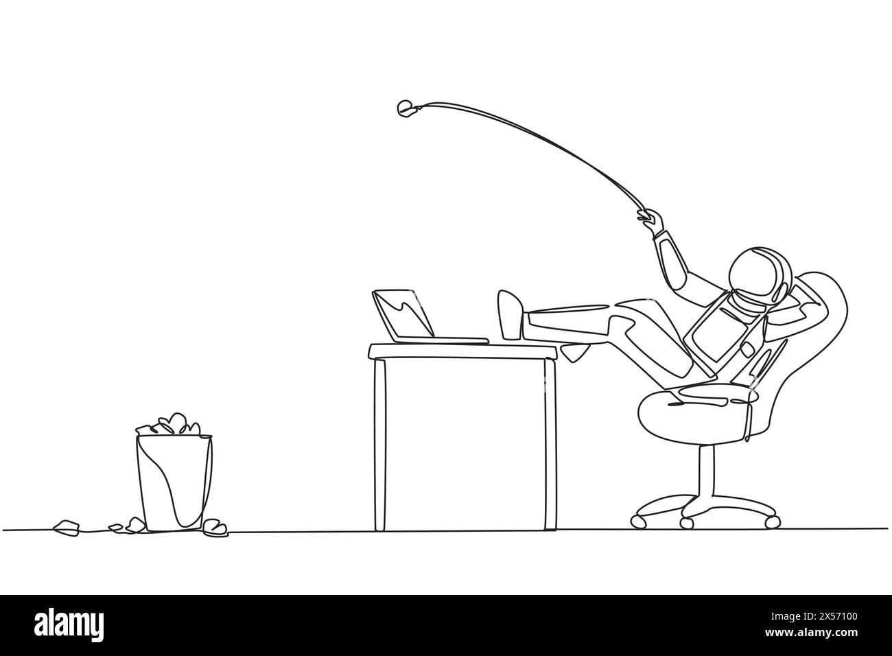 Continuous one line drawing astronaut sitting in a chair throwing wads ...