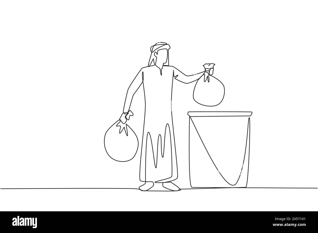 Continuous one line drawing Arab man puts rubbish bag into the trash ...