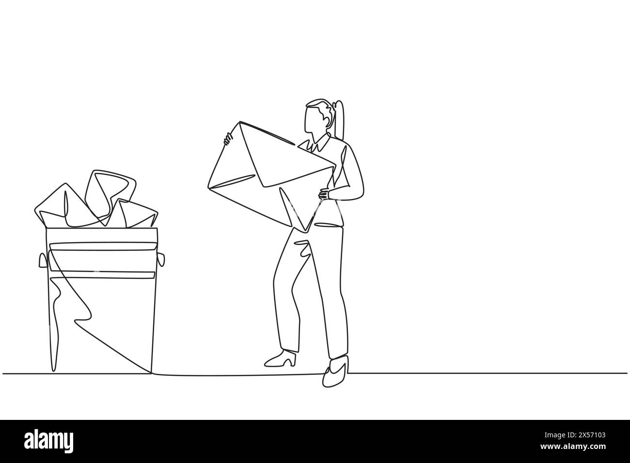 Single continuous line drawing businesswoman throw the large envelope ...