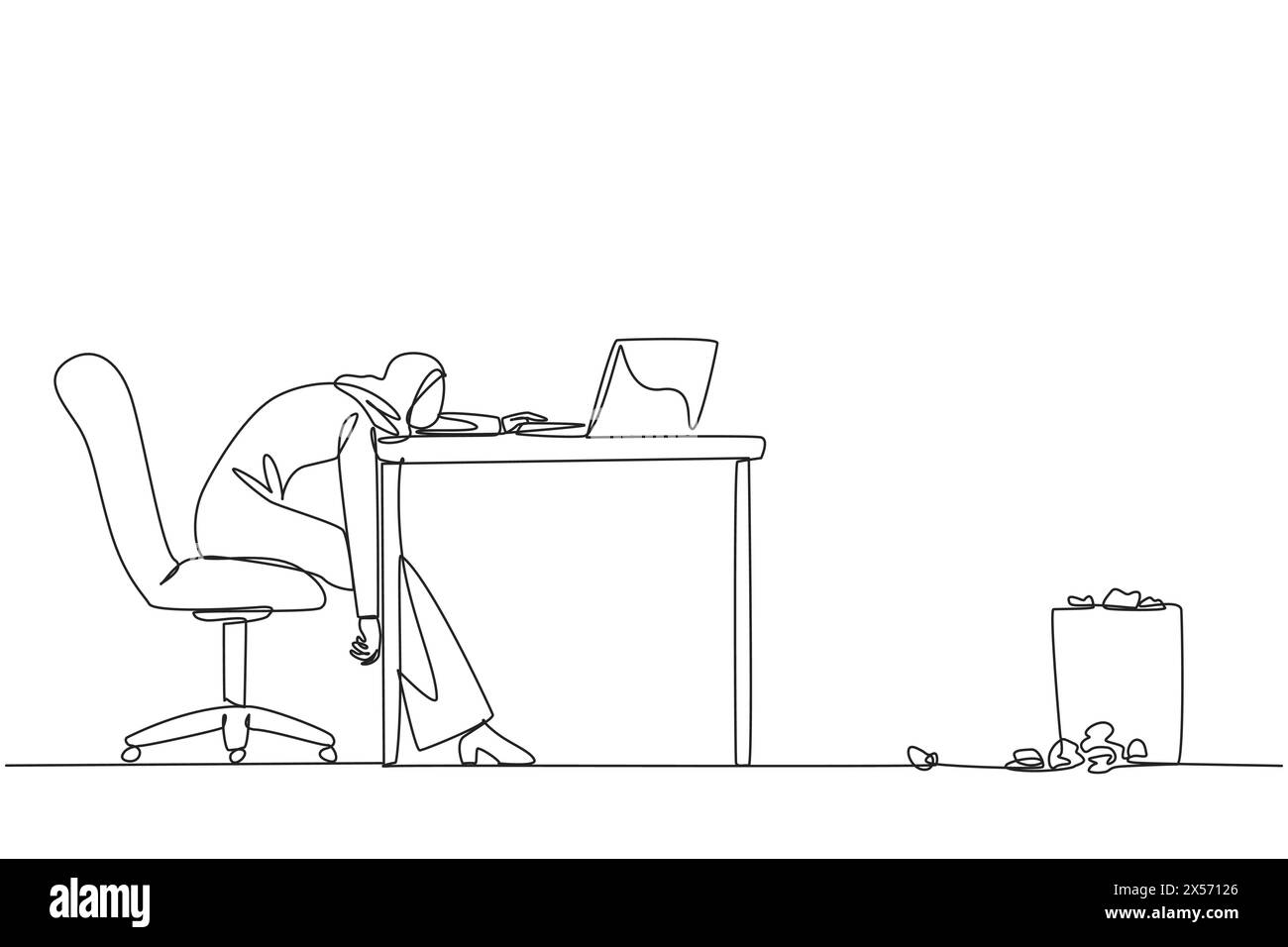 Single continuous line drawing Arabian businesswoman sitting in work ...