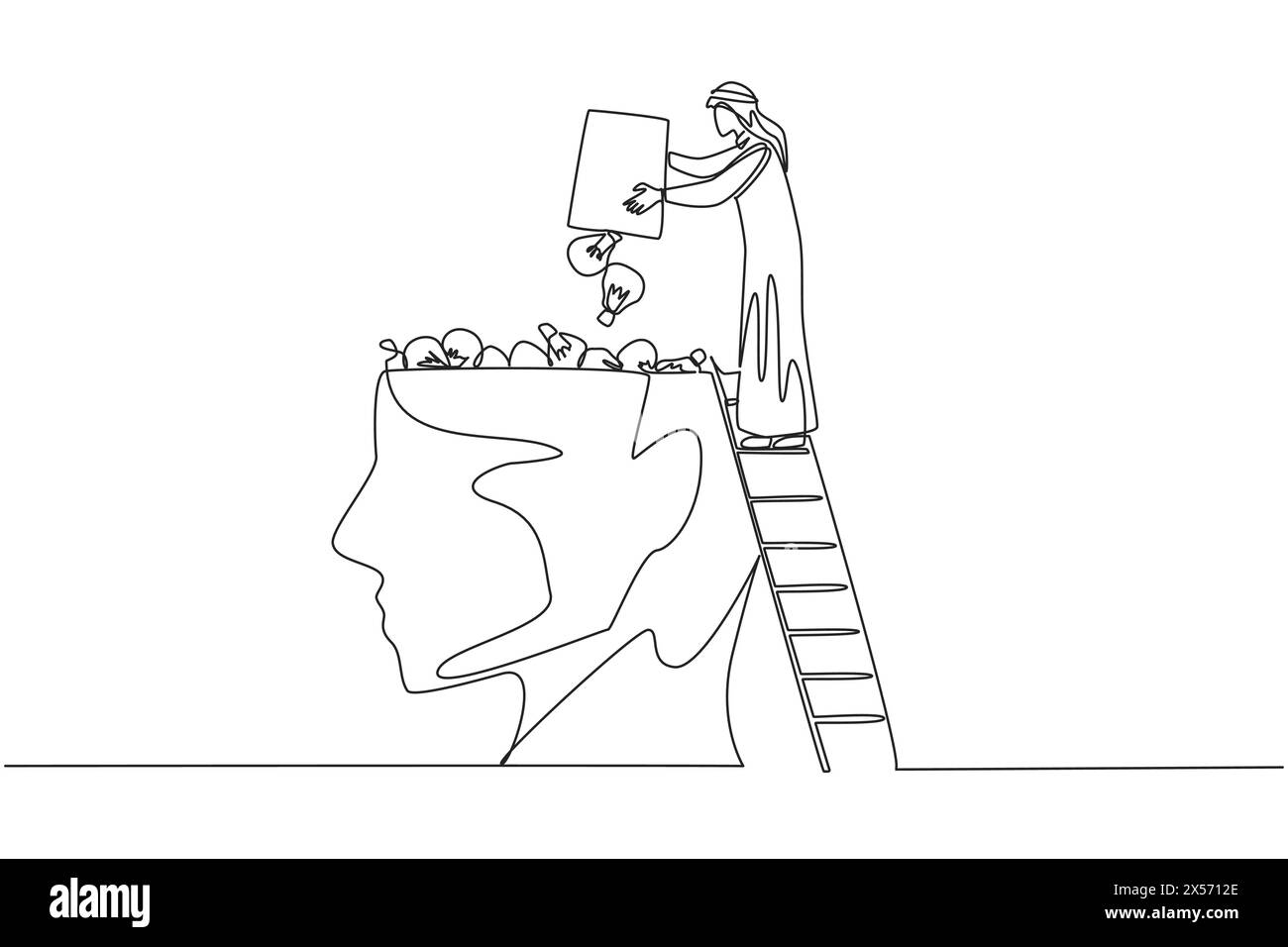 Single one line drawing Arab businessman climb to the large, open head ...