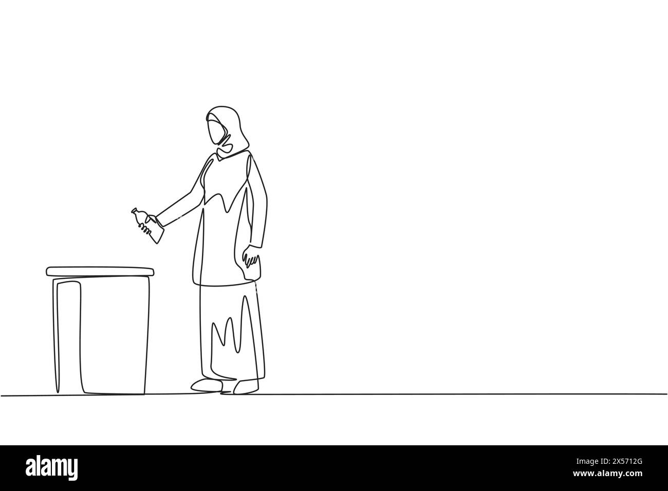 Single continuous line drawing Arabian woman throw used plastic bottles ...