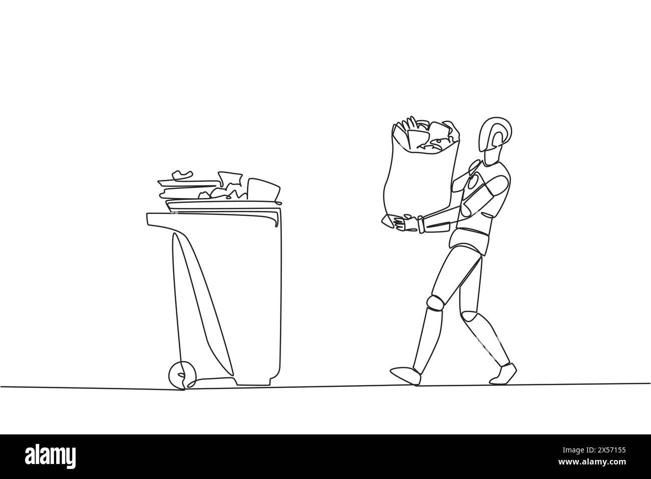 Continuous one line drawing robot walked carrying a trash bag in both ...