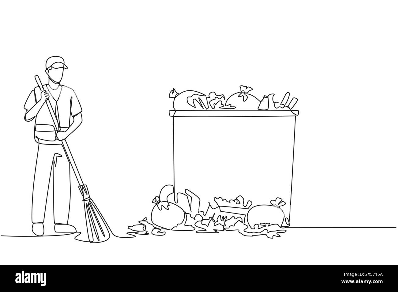 Continuous one line drawing trash man cleans rubbish by sweeping it ...
