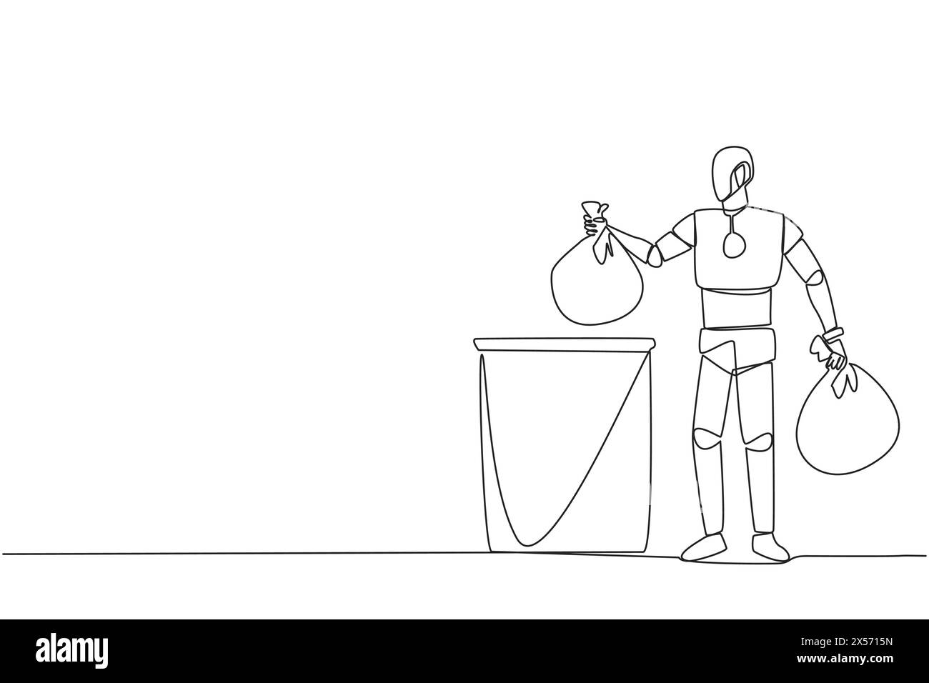 Single continuous line drawing robot puts the trash bag into the trash ...