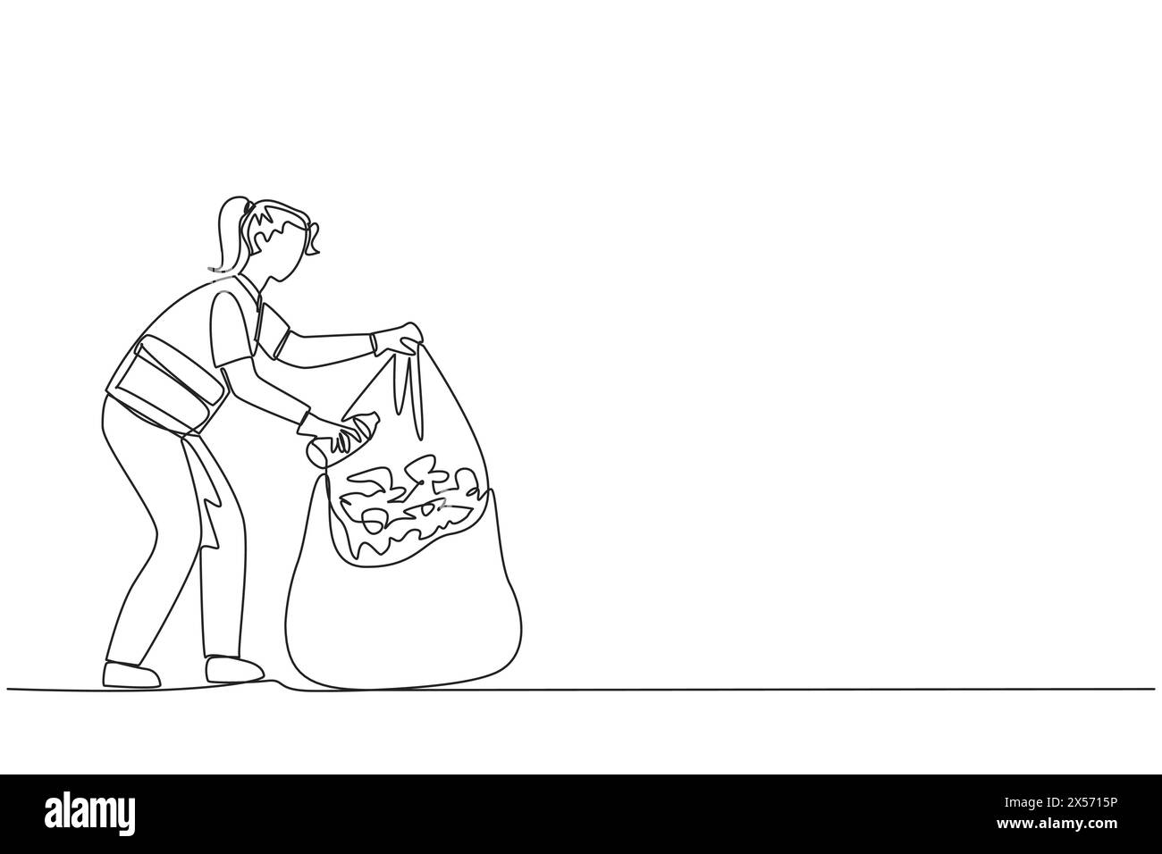 Single continuous line drawing trash woman puts some rubbish into ...