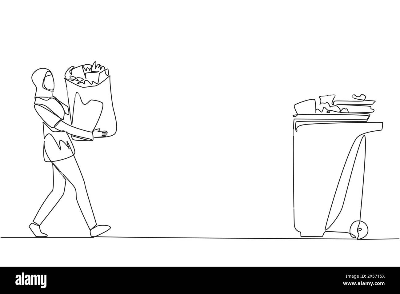 Single continuous line drawing young Arabian woman walked carrying a ...