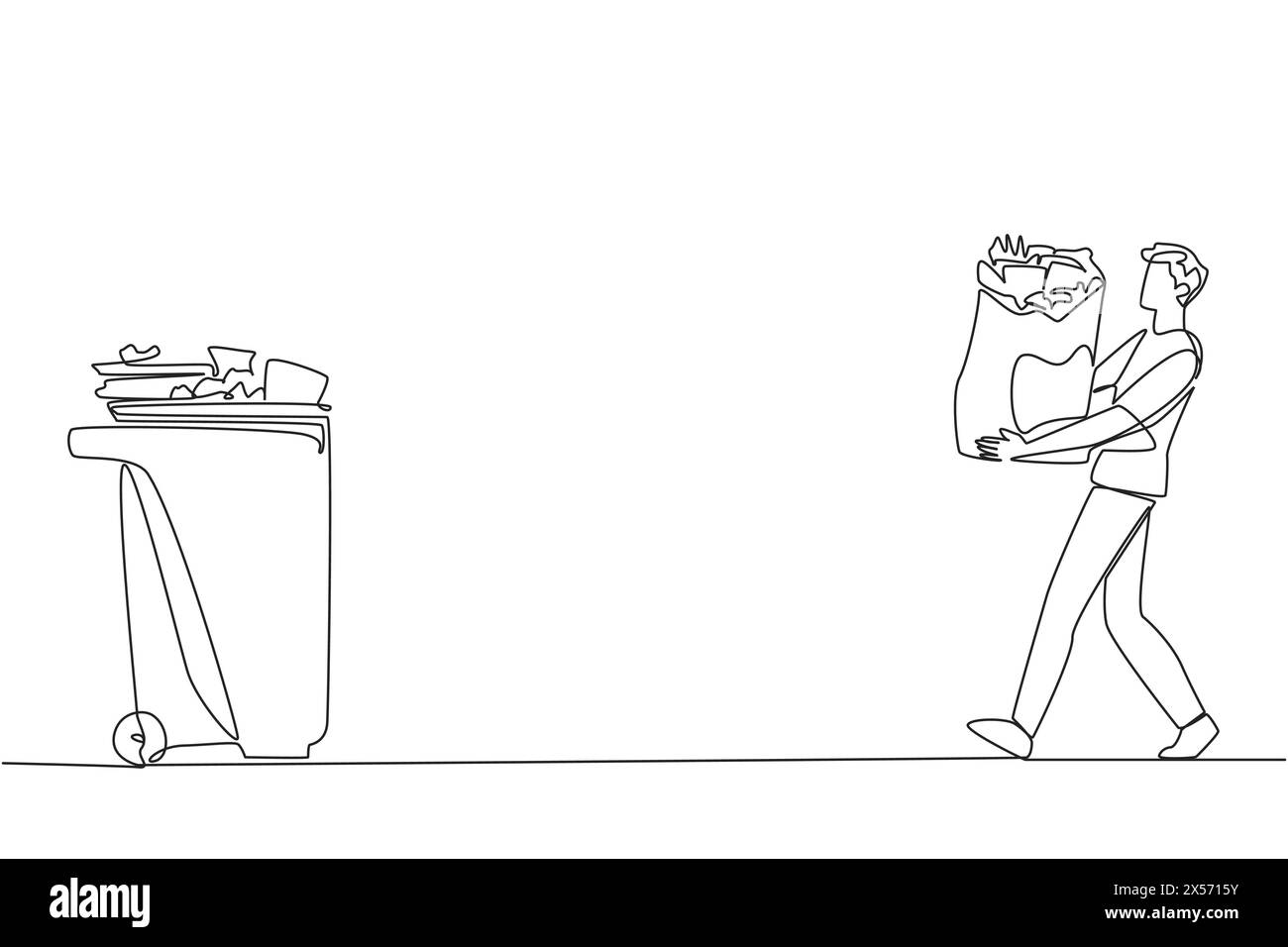 Single one line drawing a young man walked carrying a trash bag in both ...