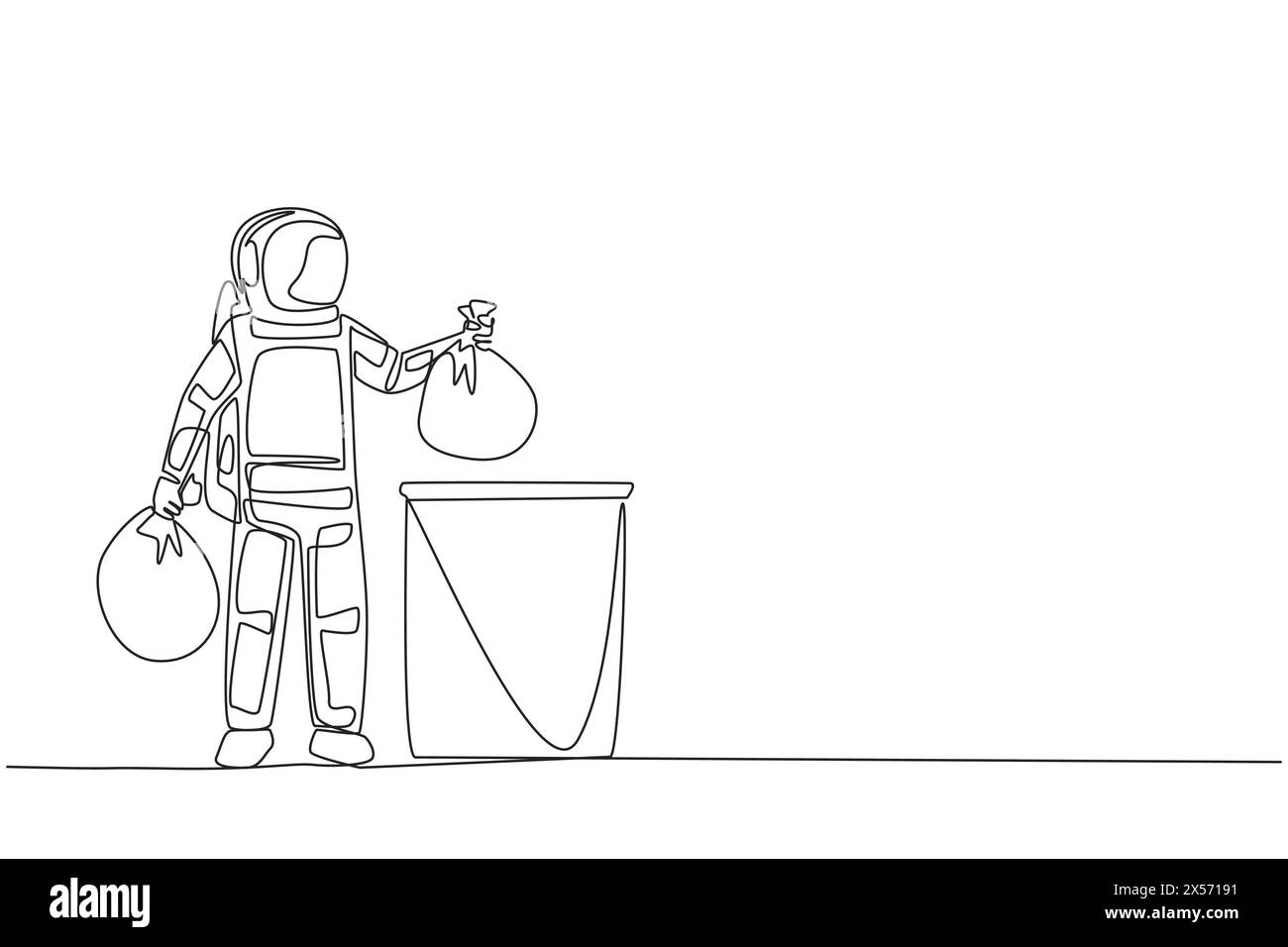 Continuous one line drawing astronaut puts trash bag in trash can ...