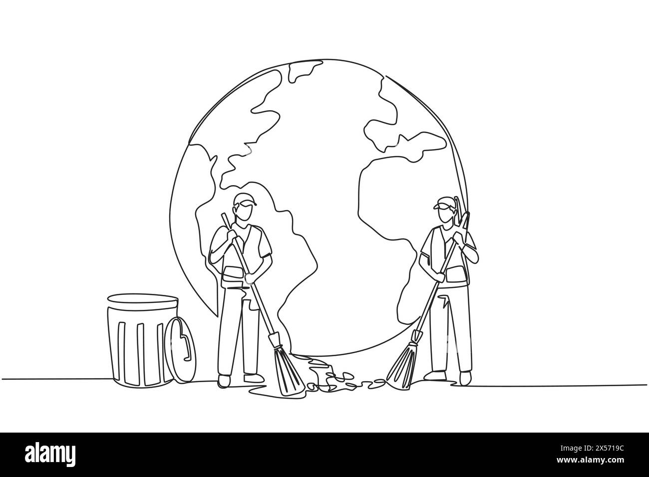 Continuous one line drawing trash man and trash woman sweep up the ...