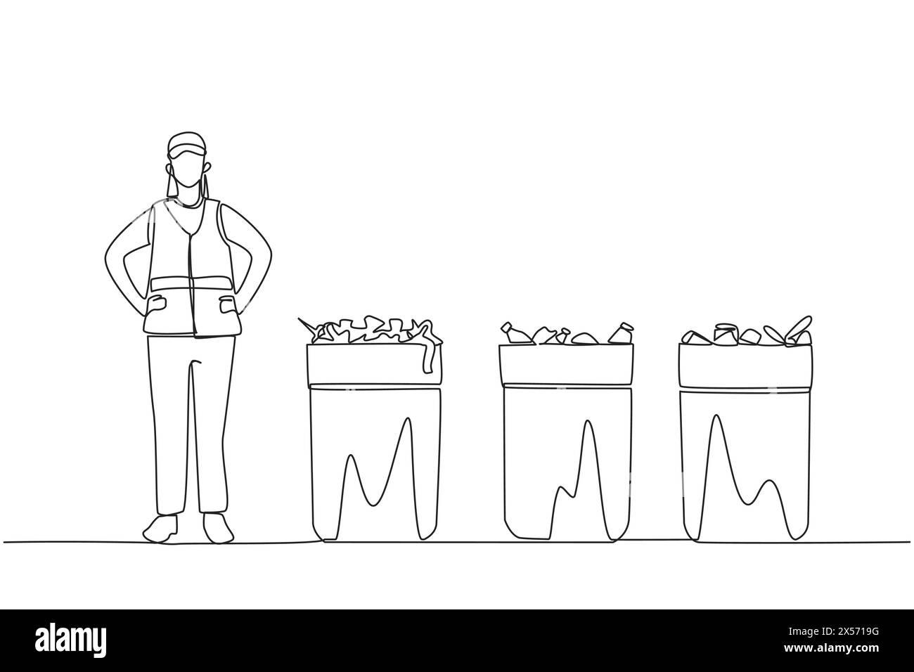 Continuous one line drawing trash woman standing near three trash cans ...