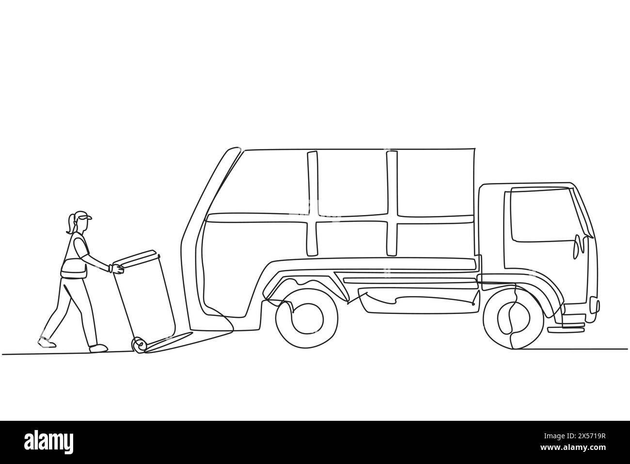 Single continuous line drawing trash woman loads the trash can into the ...