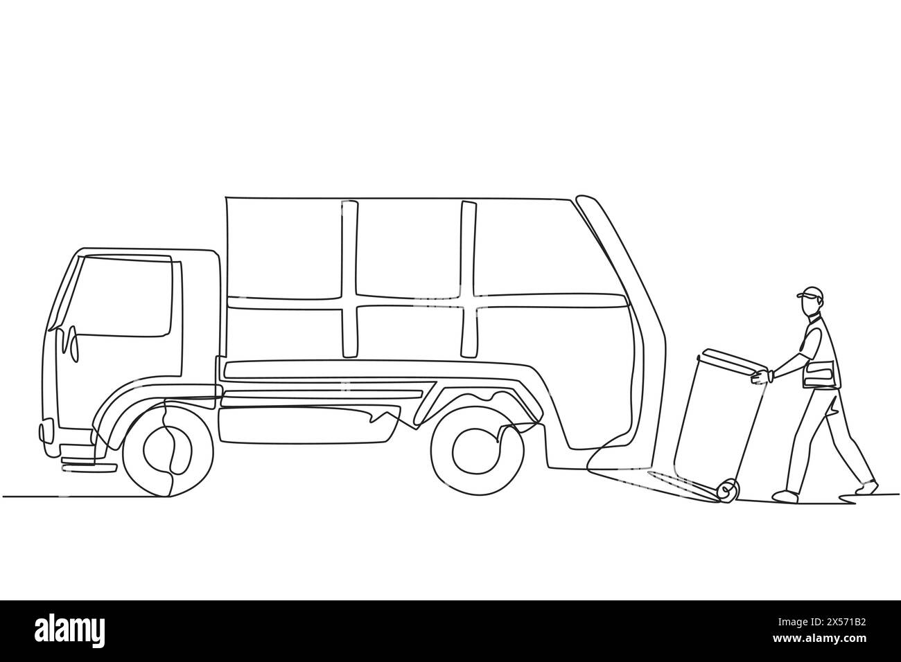 Single one line drawing trash man loads the trash can into the trash ...