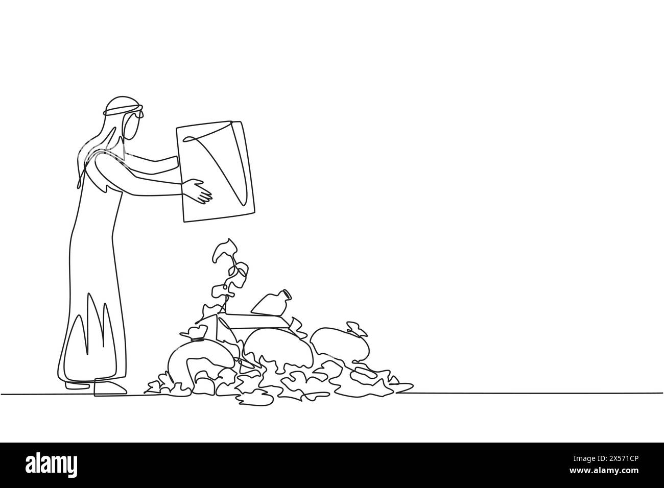 Continuous one line drawing Arabian man throws rubbish into rubbish ...