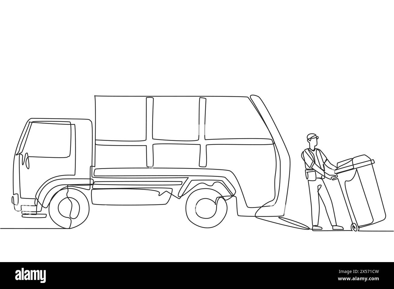 Single continuous line drawing trash man pulling wheeled trash can ...