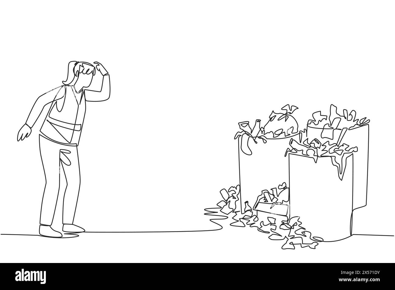 Single one line drawing trash woman scratched head looking at several ...