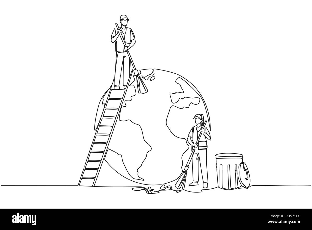 Single continuous line drawing trash man climbs ladder to sweep top of ...