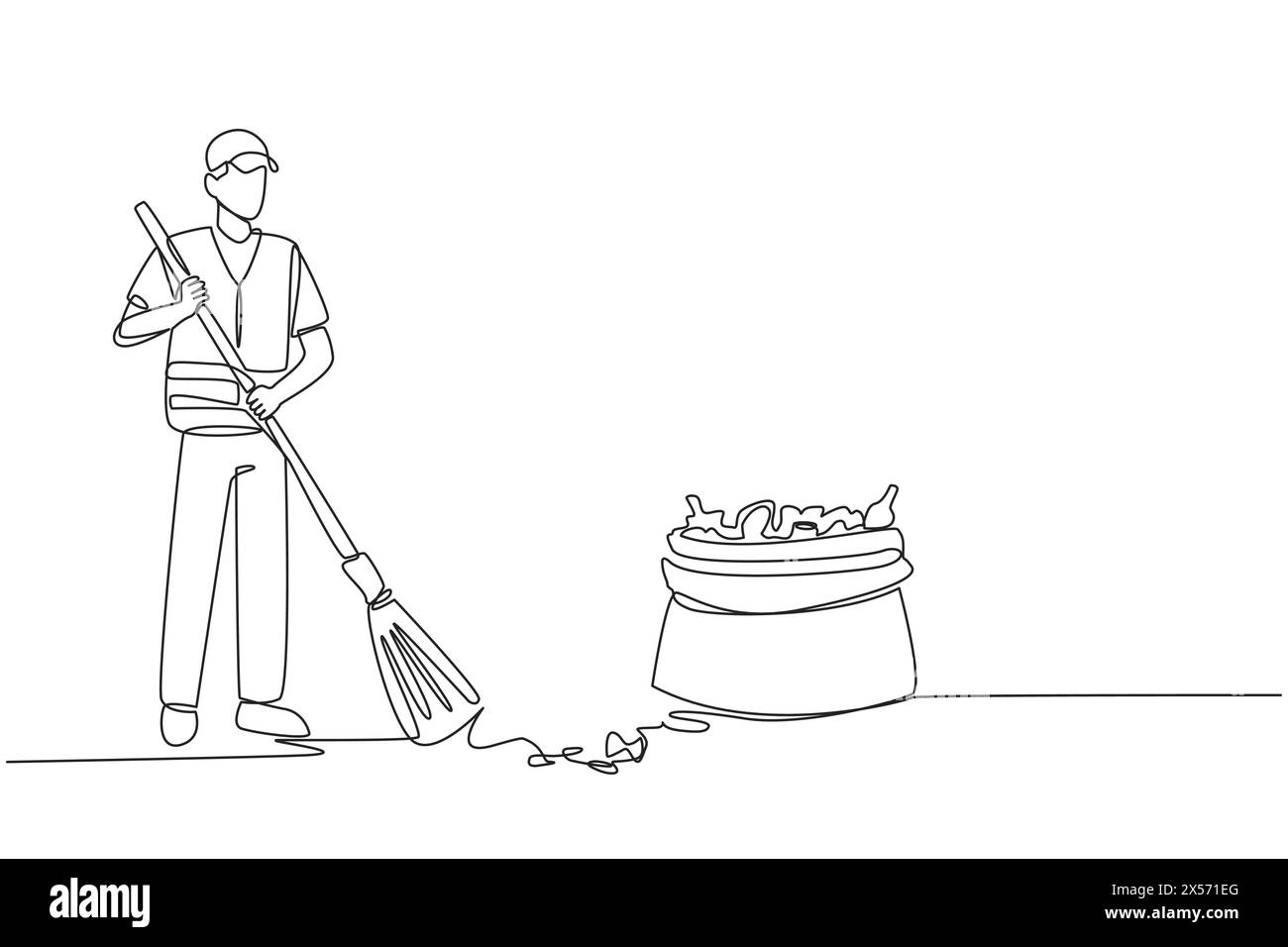Single one line drawing trash man cleaning trash with broom. Enthusiasm ...