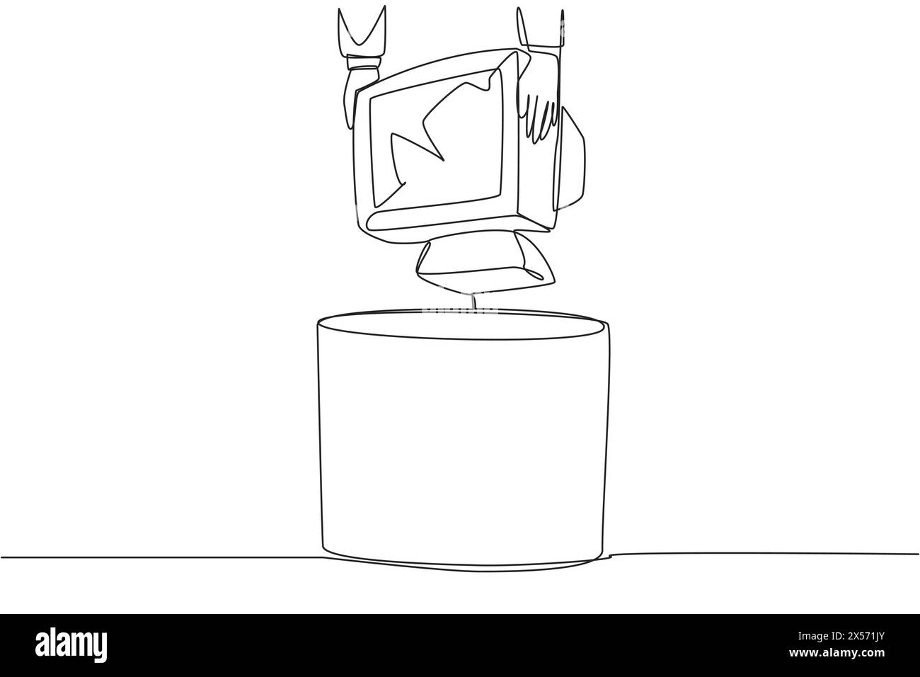 Continuous one line drawing businessman's hand throws away tube monitor ...