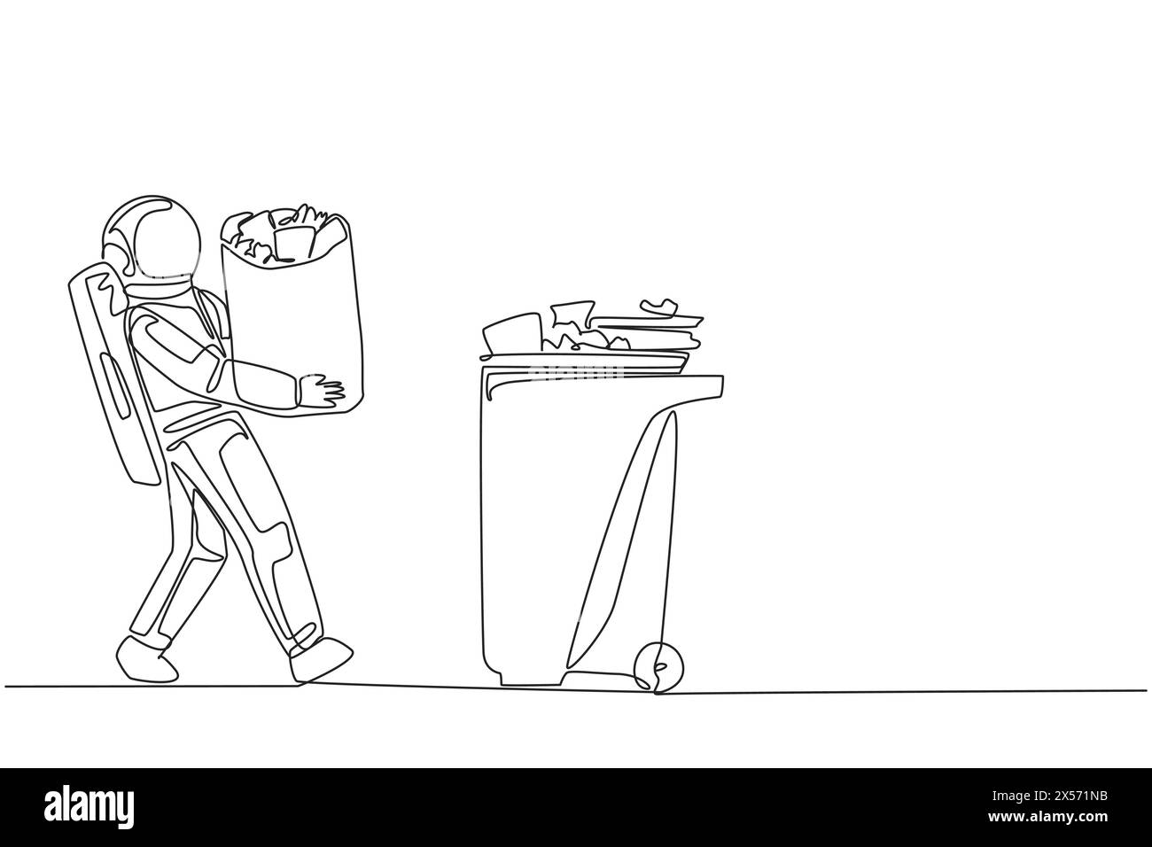 Single one line drawing astronaut walked carrying a trash bag in both ...