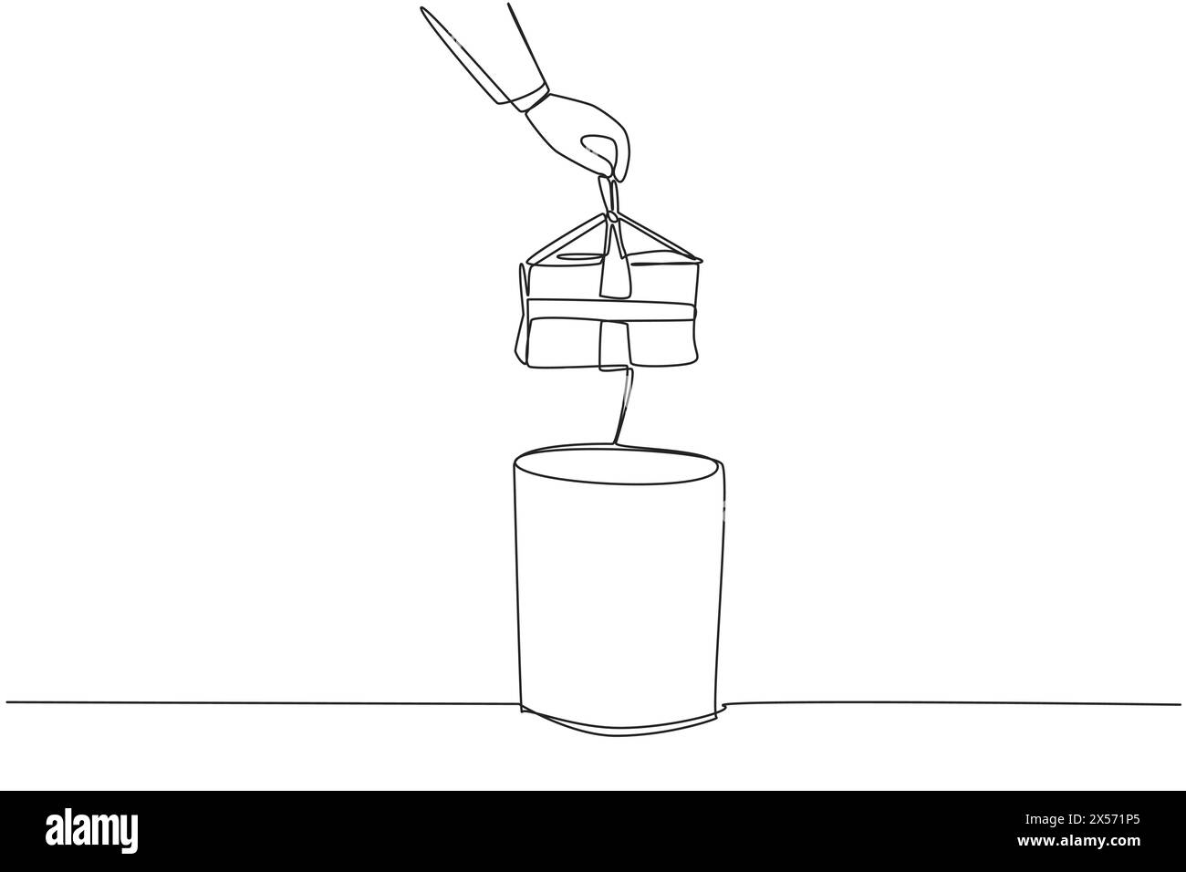 Single one line drawing businessman's hand throwing away a dented gift ...