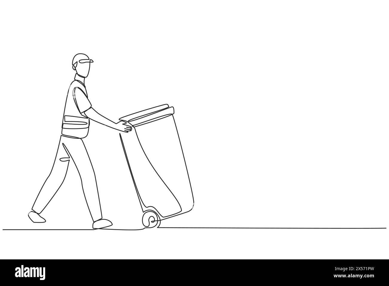 Single one line drawing trash man pushing a wheeled trash can. Side job ...