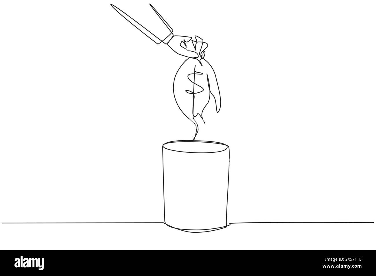 Continuous one line drawing businessman's hand throwing away torn money ...