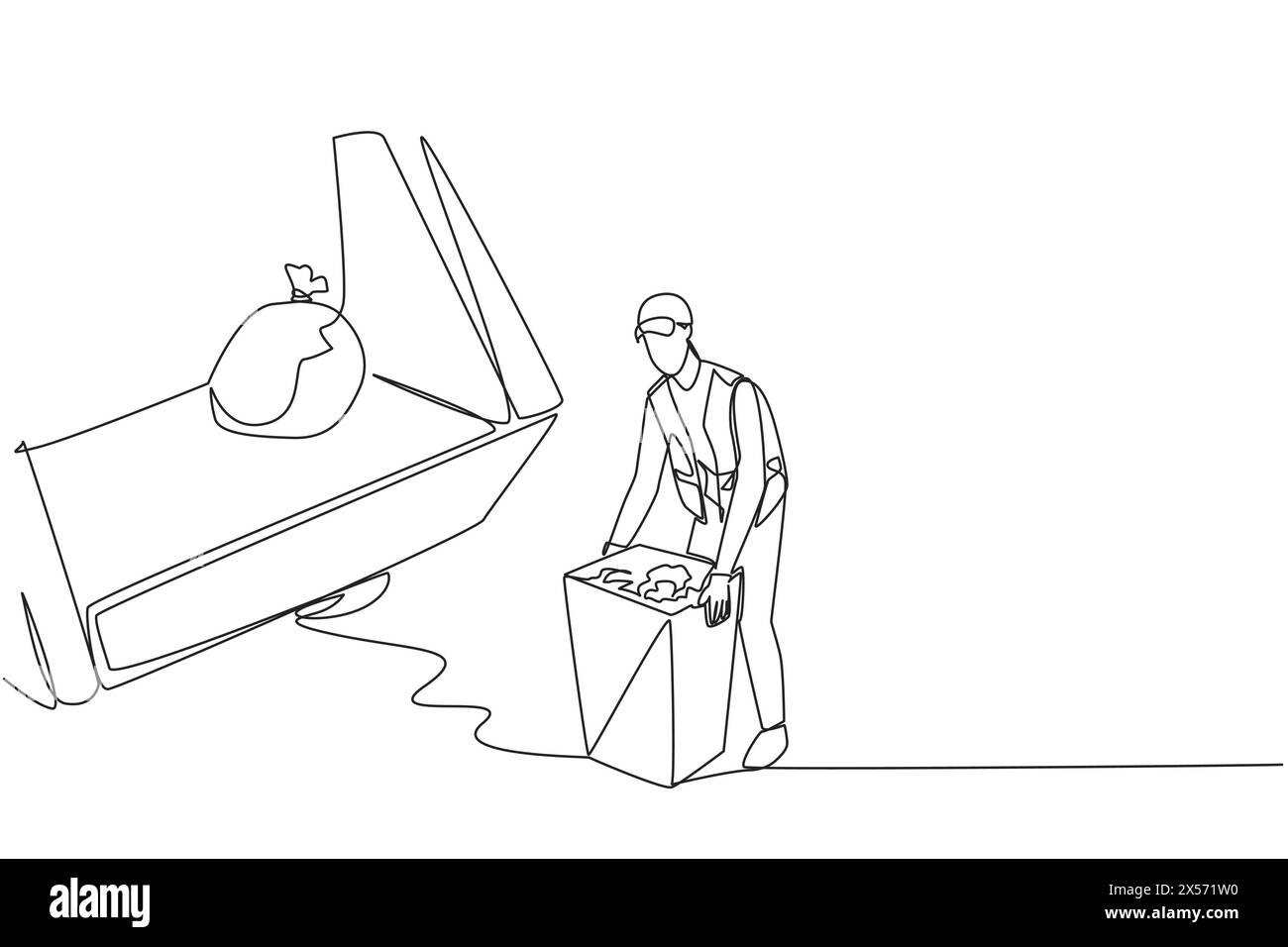 Single continuous line drawing trash man is preparing to lift the trash ...