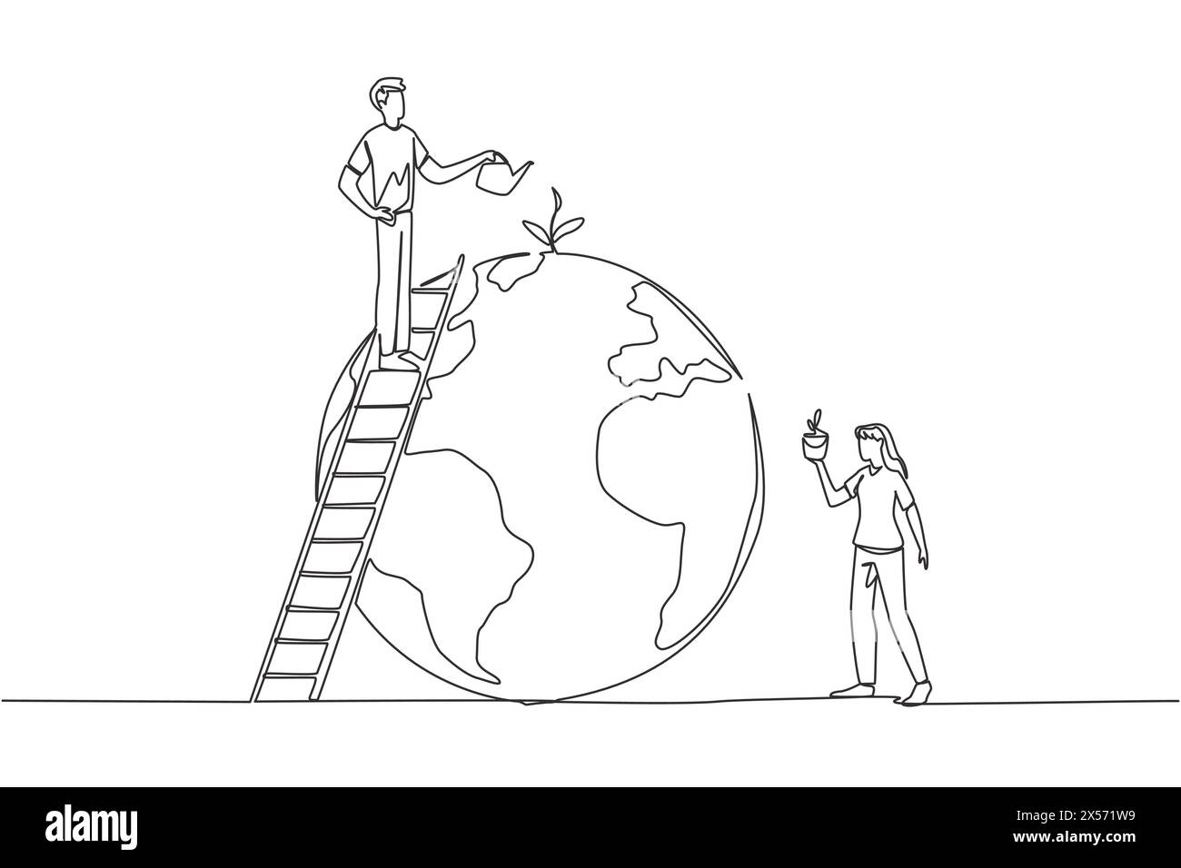 Continuous one line drawing man and woman work together to green the ...