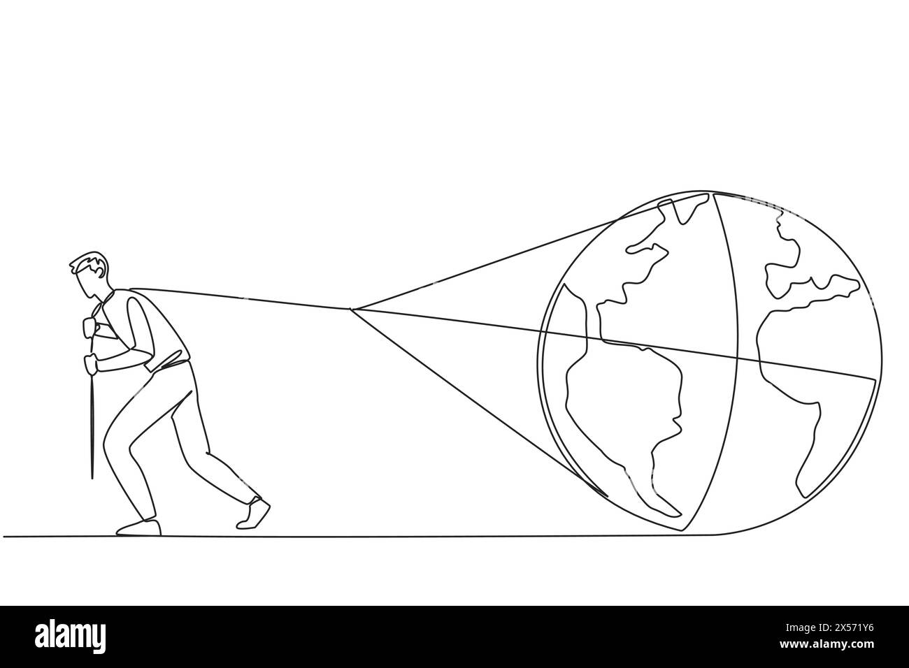 Continuous one line drawing a man pulls a globe. A real action to make ...
