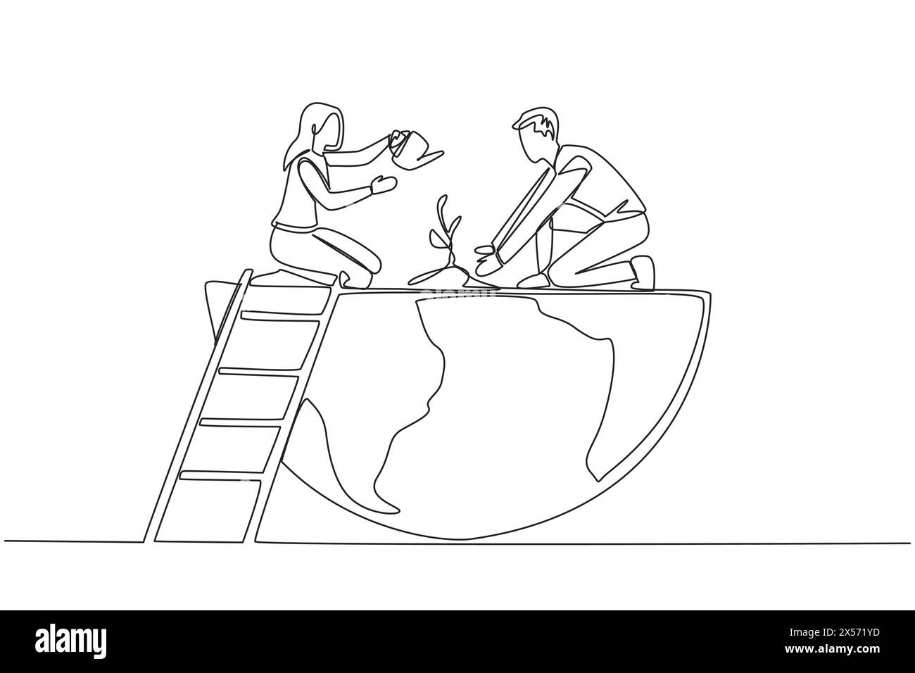 Single one line drawing man and woman work together to plant trees. For ...