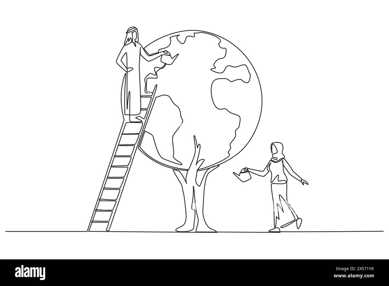 Continuous one line drawing Arab man climbs a ladder watering a tree ...