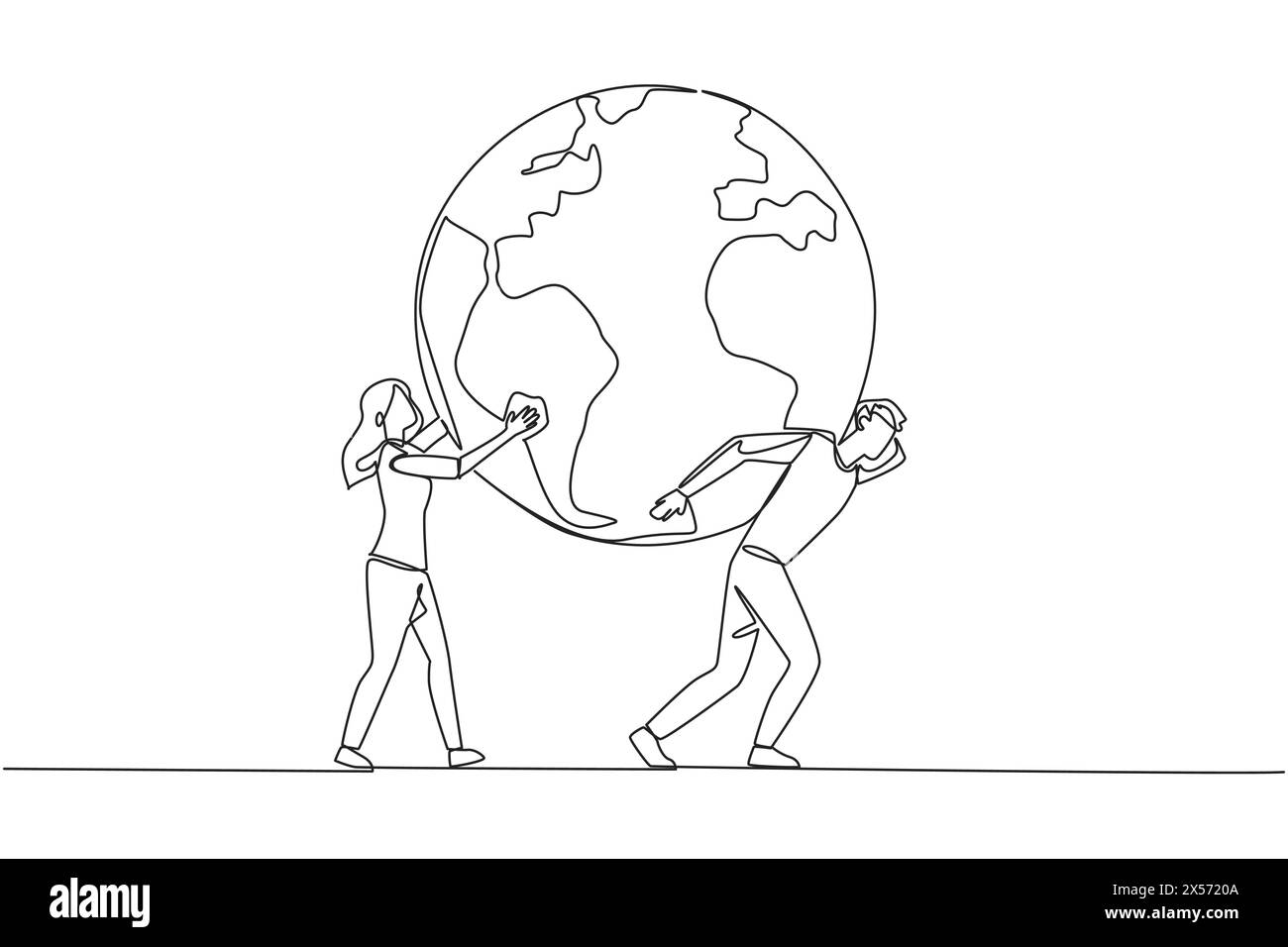 Single one line drawing globe is carried by a man assisted by a woman ...