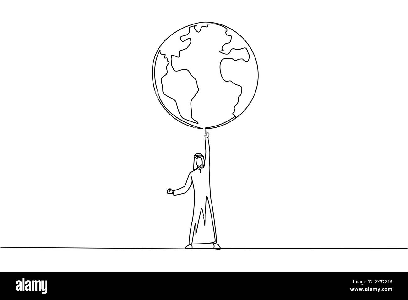 Single one line drawing Arabian man standing lifting globe with one ...