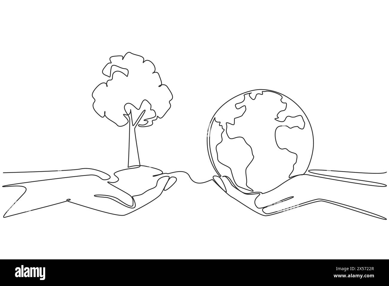 Single continuous line drawing two pairs of hands, each holding a plant ...