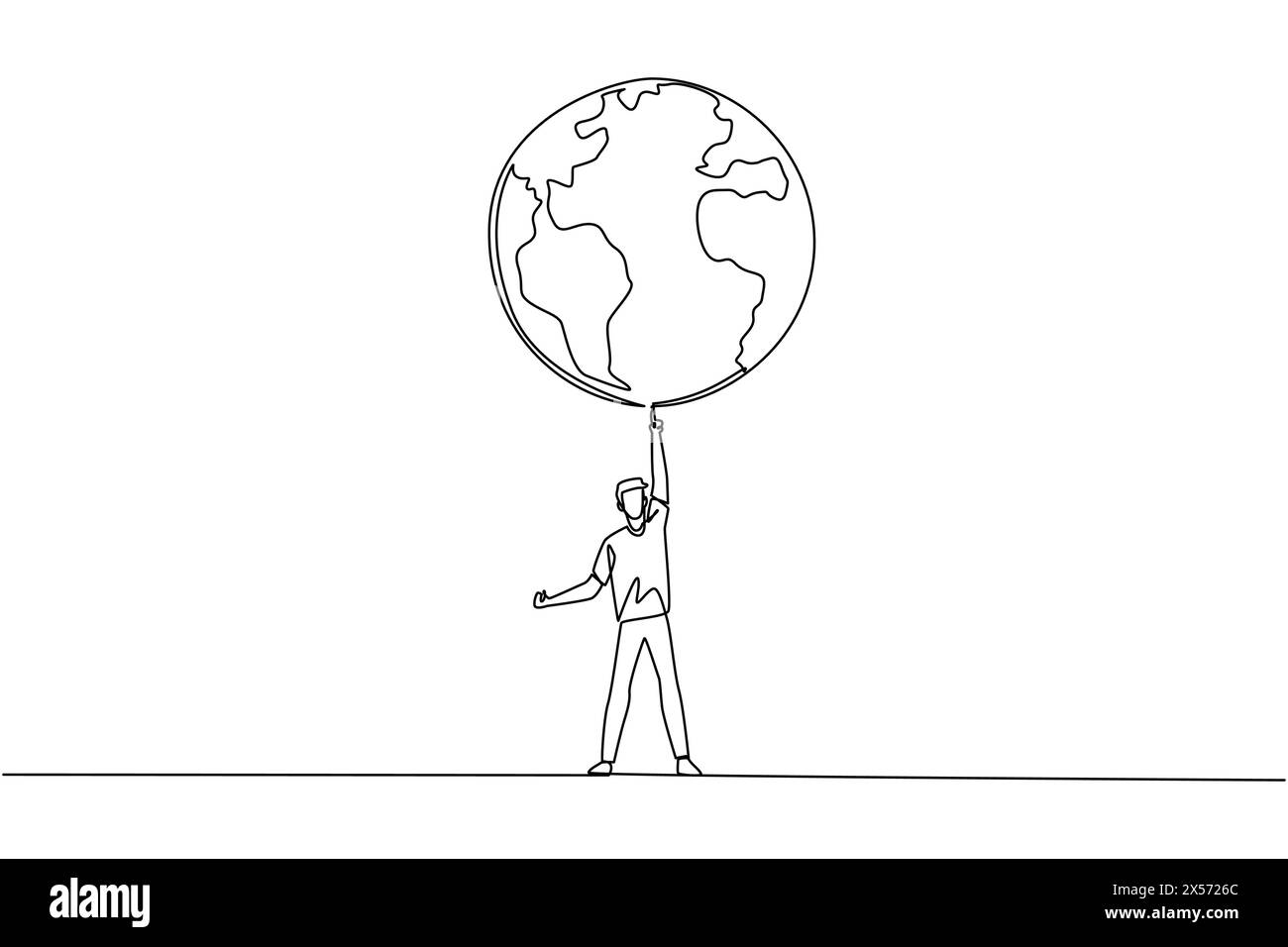 Single continuous line drawing man standing lifting globe with one hand ...