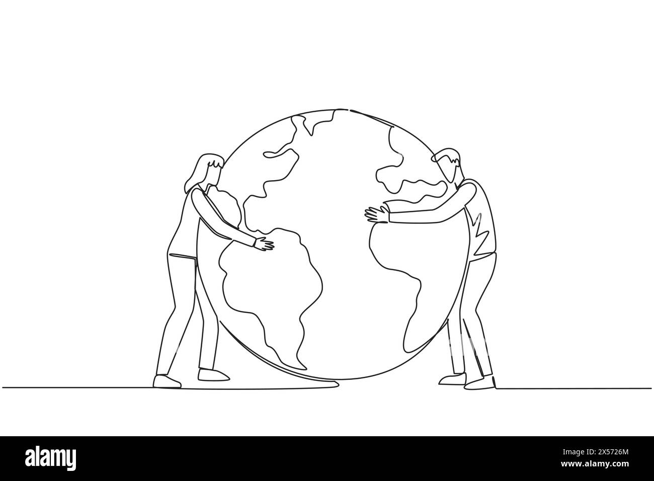 Continuous one line drawing man and woman standing hugging earth ...