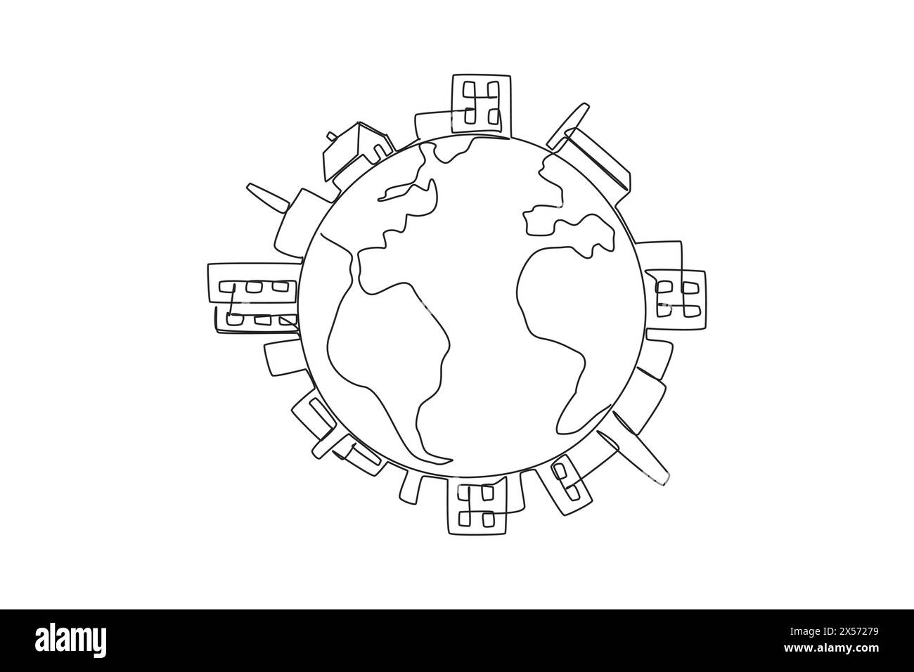 Continuous one line drawing buildings surround edge of the globe ...