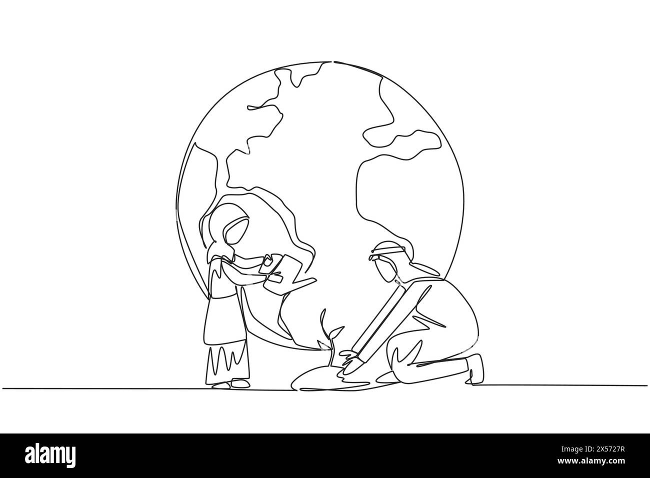 Continuous one line drawing Arabian girl standing watering plants ...