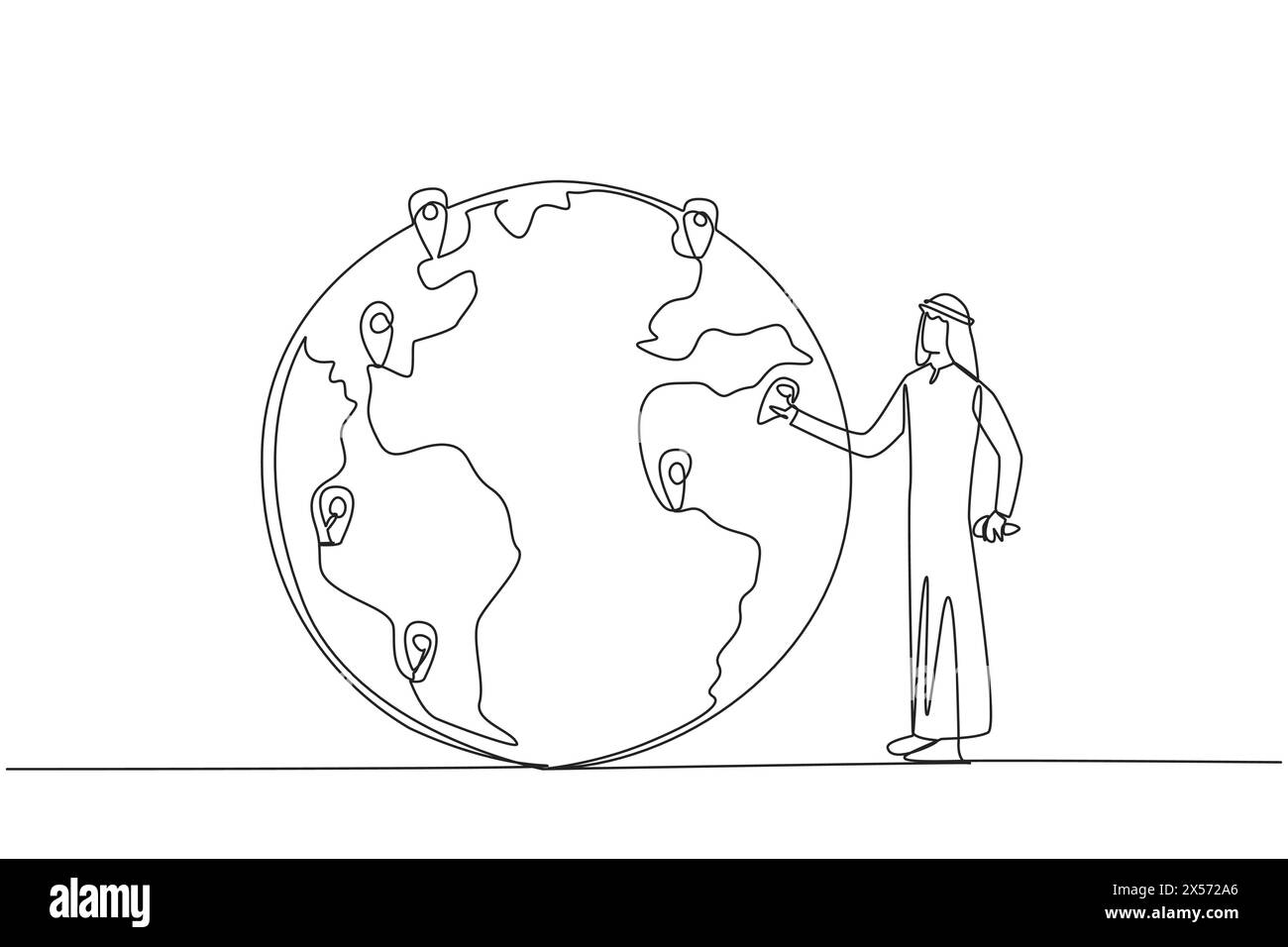 Single one line drawing Arab man places pin location point on surface ...