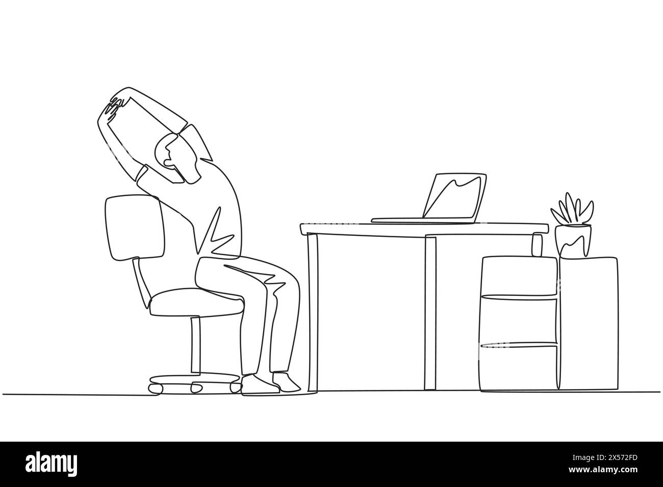 Continuous one line drawing man sitting in work chair while raising ...