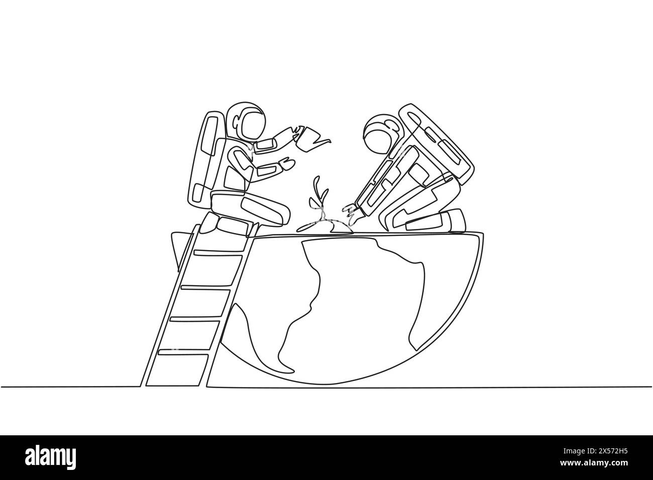 Single continuous line drawing two astronauts work together to plant seeds and water it. Slowing ...